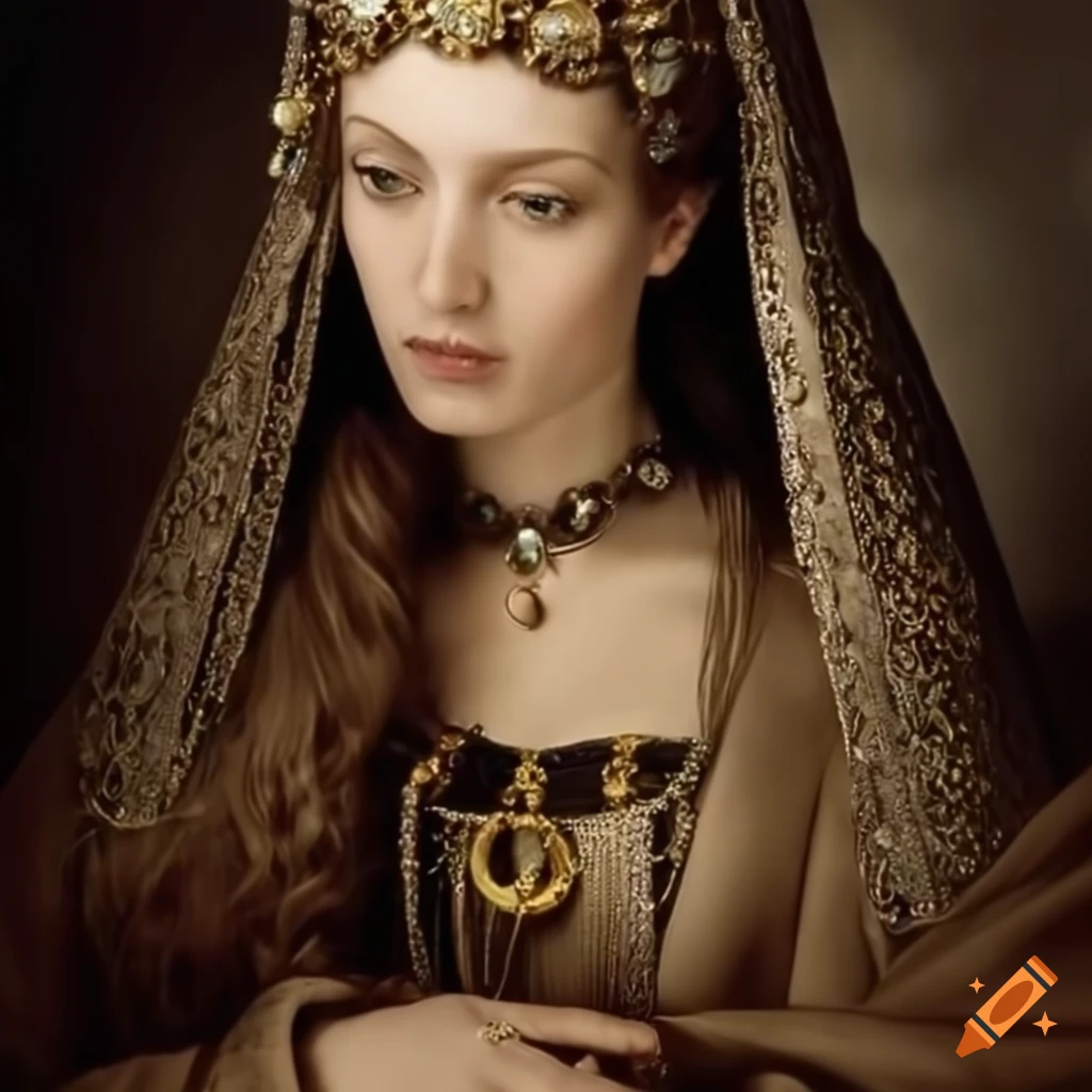 Historic portrait of a medieval lady with elegant jewelry and dark ...