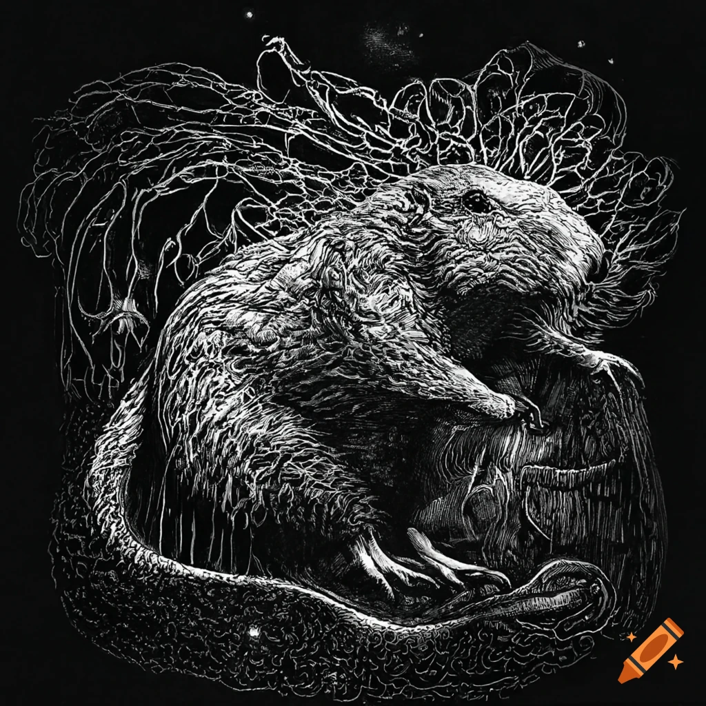 Detailed black and white etching of a Lovecraftian beaver monster in ...