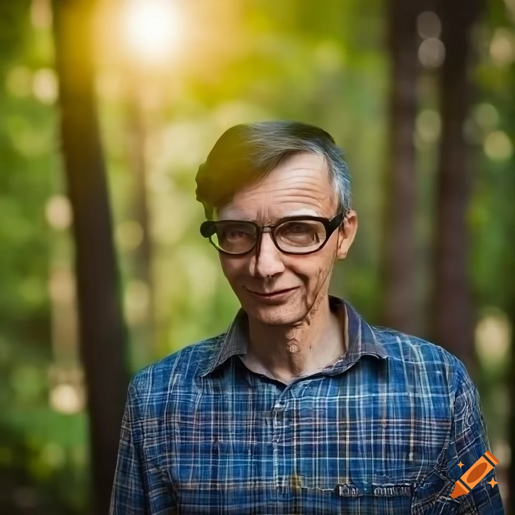 Smiling androgynous person with glasses standing in a sunny forest on ...