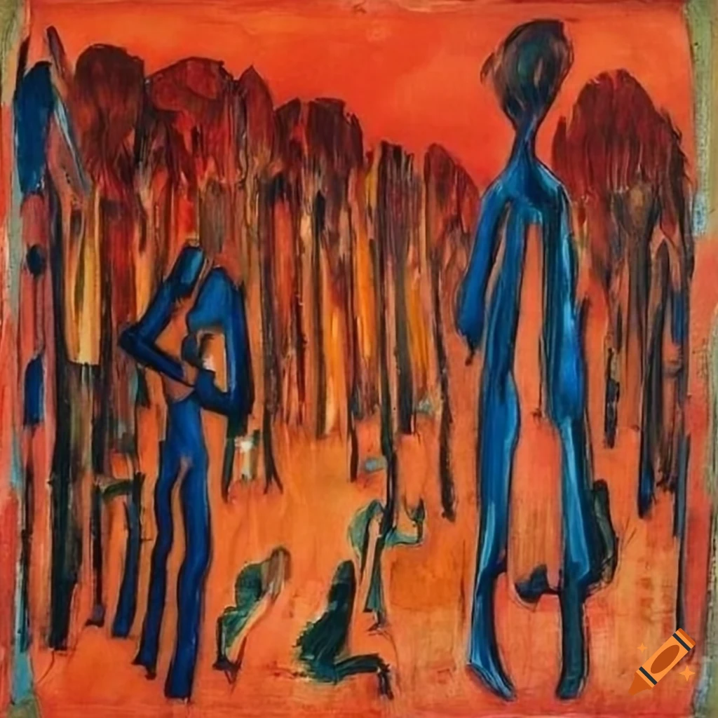 Proud dramatic trees landscape art in blue, sand, and wine red tones on ...