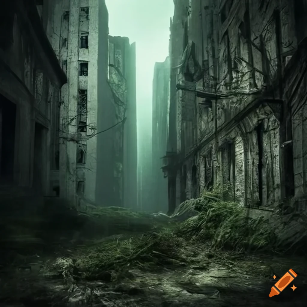 Post-apocalyptic cityscape with ruins and overgrown trees on Craiyon