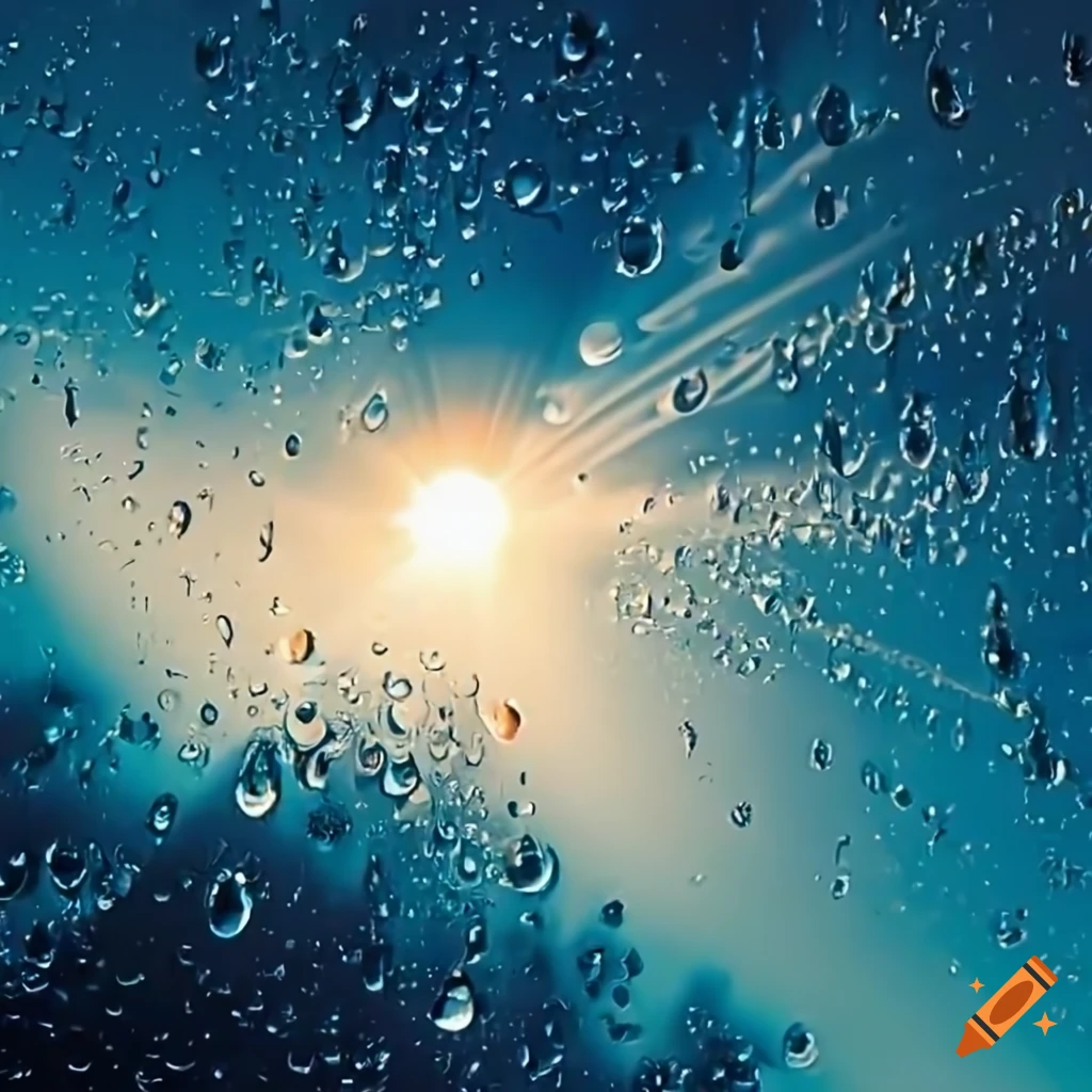Sunlight rays through raindrops in a blue sky on Craiyon