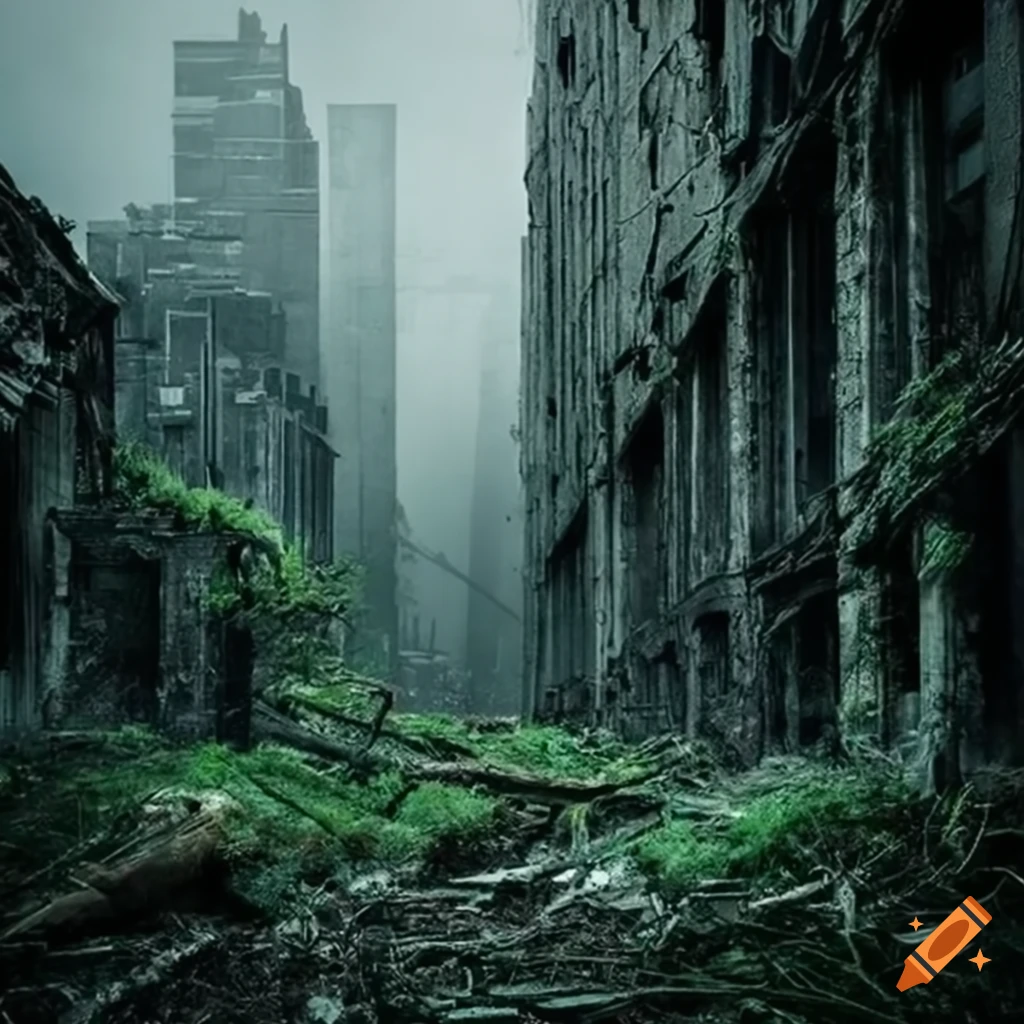 Post-apocalyptic cityscape with ruins and overgrown trees on Craiyon