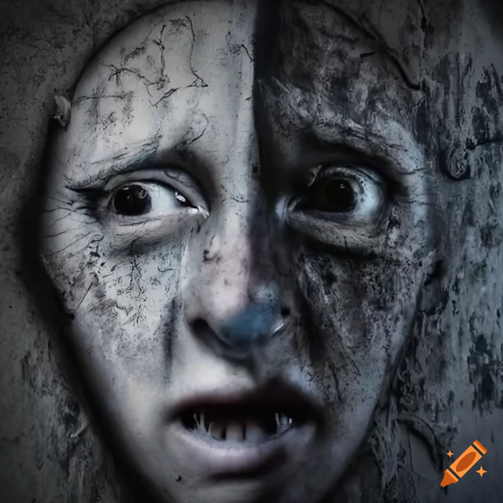 Weird face in vast void with sharp contrasts and vibrant dark colors on ...