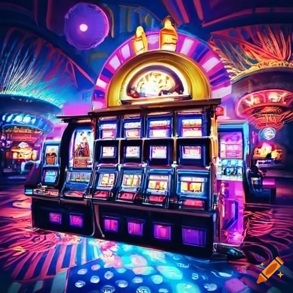 Multiple slot machines in a casino with 5 reels and a dreamy space ...