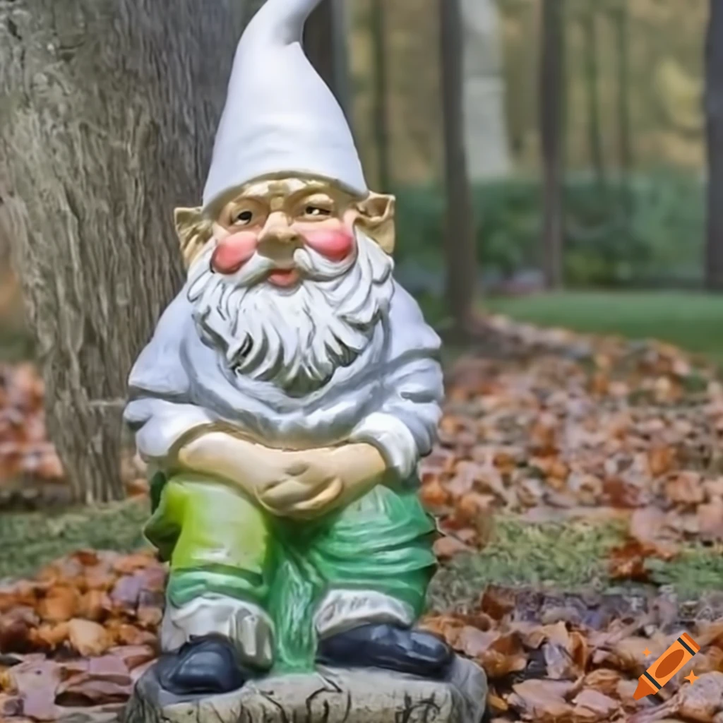 Garden gnome with a pointy white hood in a European setting on Craiyon