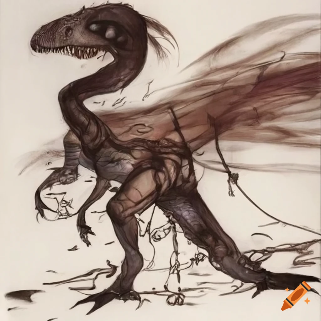 Dinosaur concept art in Final Fantasy style by Yoshitaka Amano on Craiyon