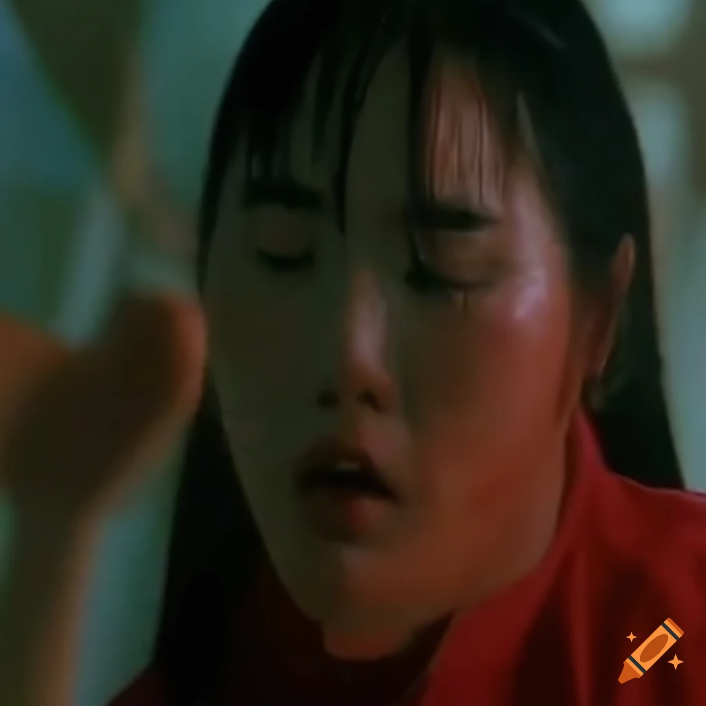 Defeated Chinese female martial artist with expressive facial closeup ...