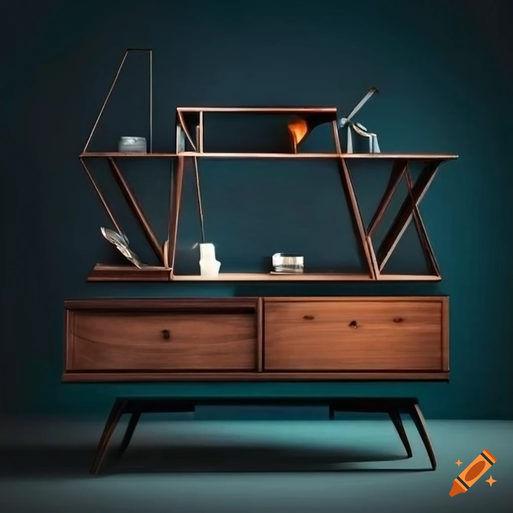 Mid-century modern walnut bookshelf with built-in desk and green ...