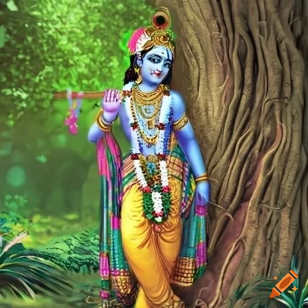 Lord Krishna resting under a sacred tree in a lush jungle on Craiyon