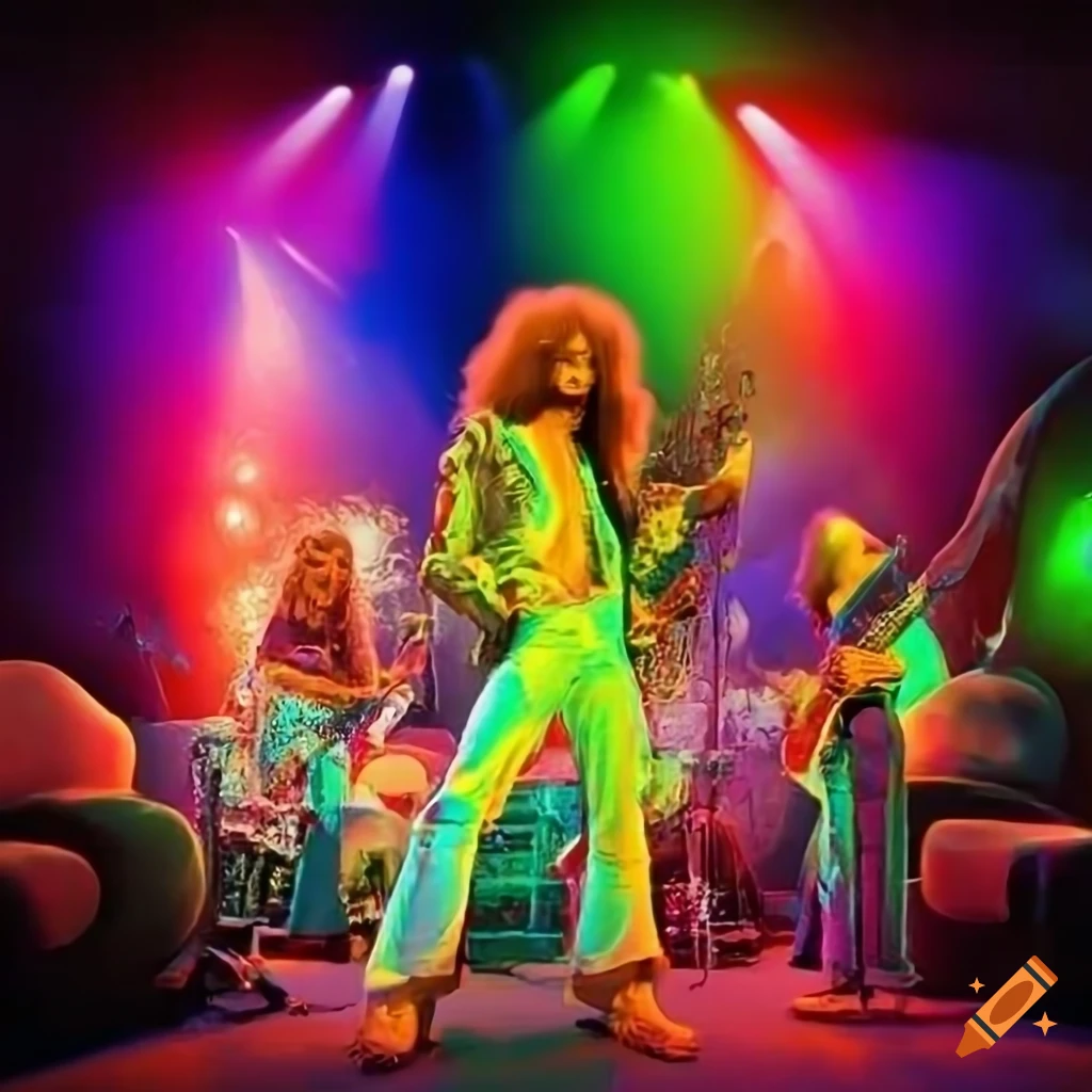 Glam-rock psychedelic band performing on stage with bright lights on ...