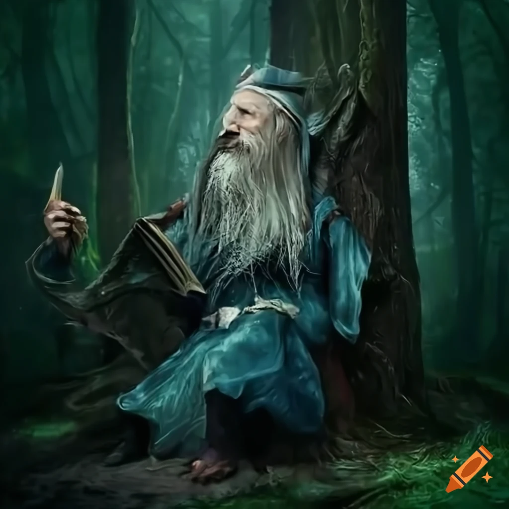 Wizard sitting on a log in a mystical forest with a book and hat on Craiyon