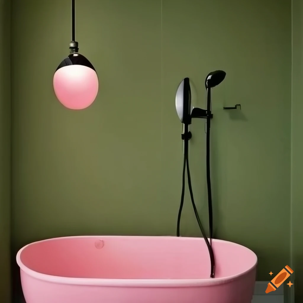 Olive green bathroom with pink microcement shower space on Craiyon