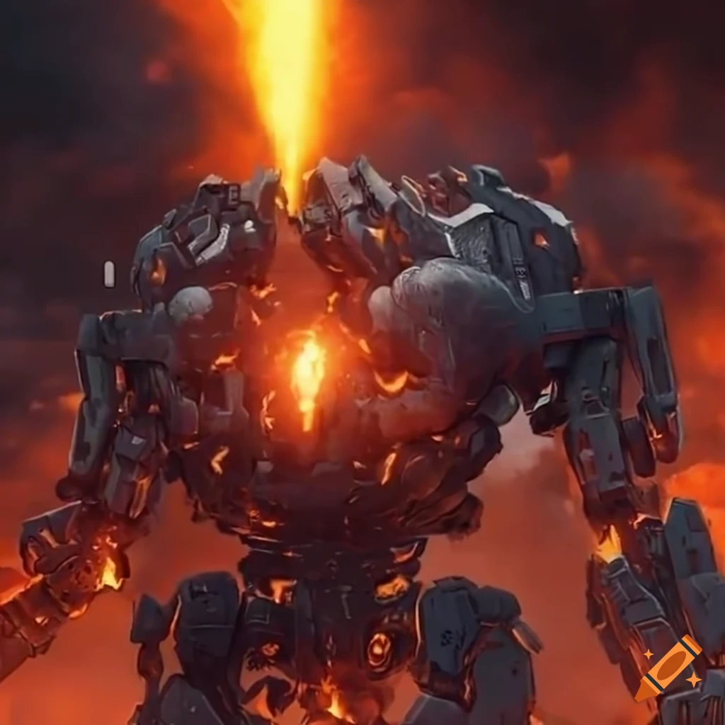 Mech engulfed in flames in a fiery explosion on a lava planet on Craiyon