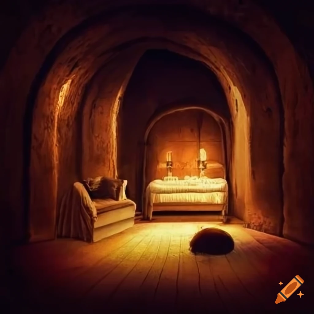 Cozy fantasy bedroom in an underground maze with soft bedding and warm ...