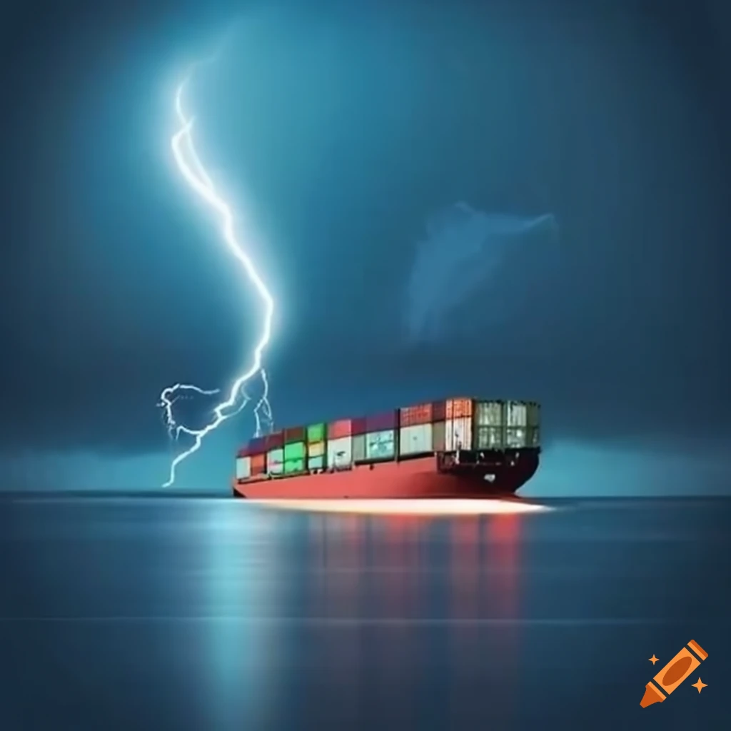 Shipping containers on a container ship with lightning and waves on Craiyon