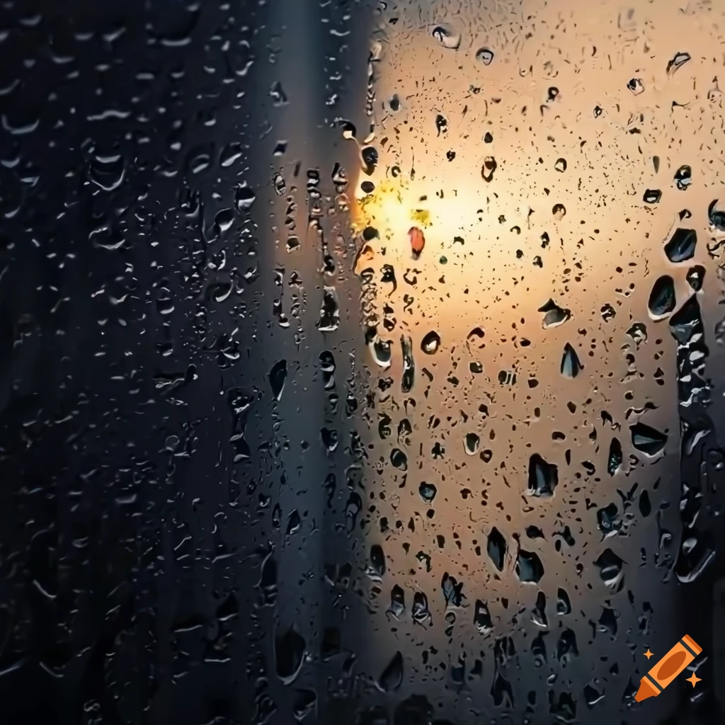 Raindrops on a window with sunlight rays and foggy glass on Craiyon