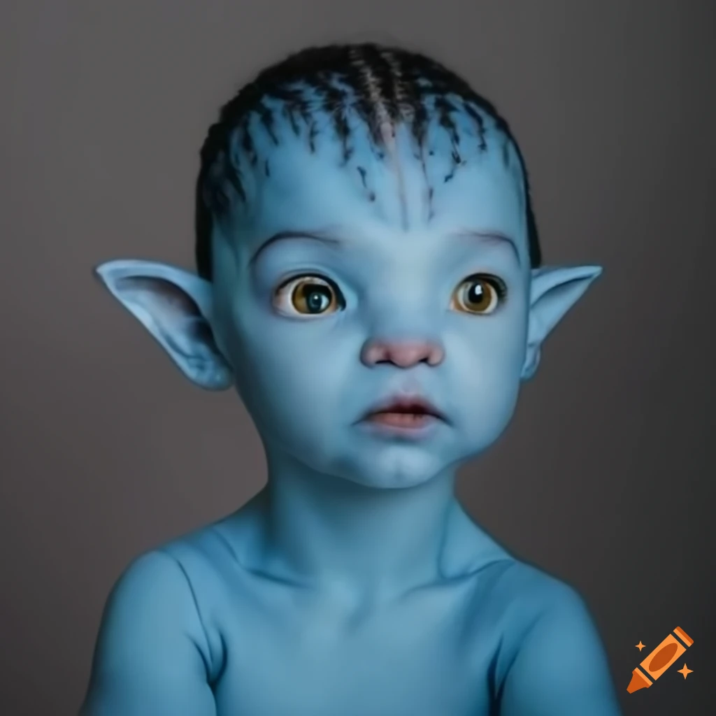 Adorable Avatar baby with blue skin looking thoughtfully on Craiyon