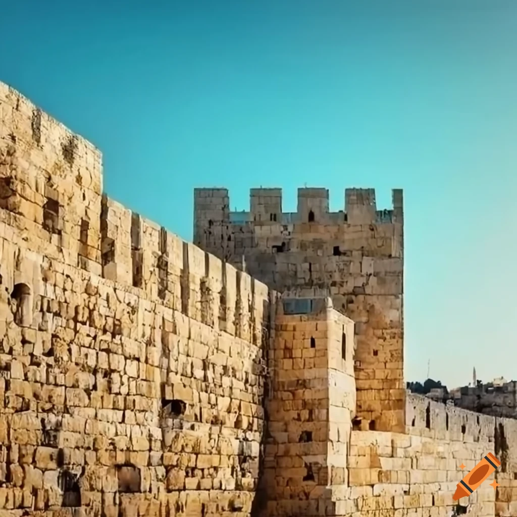 Ancient city walls of jerusalem restored under a bright sky on Craiyon
