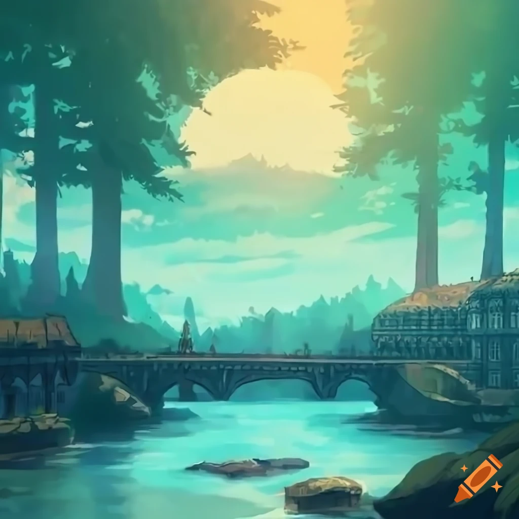 Medieval fantasy anime kingdom with river, bridges, redwood trees, and ...