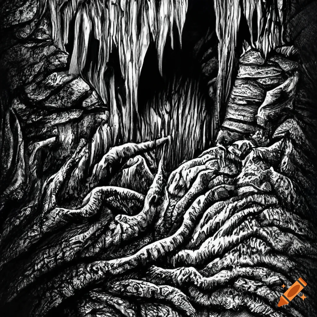 Ink drawing of cave entrance with sharp crystal formations on Craiyon