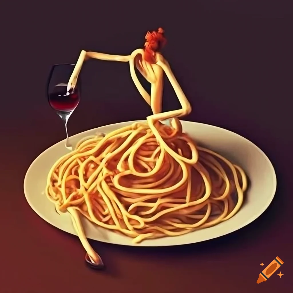 Whimsical scene with a human-like figure made of spaghetti dancing on a ...