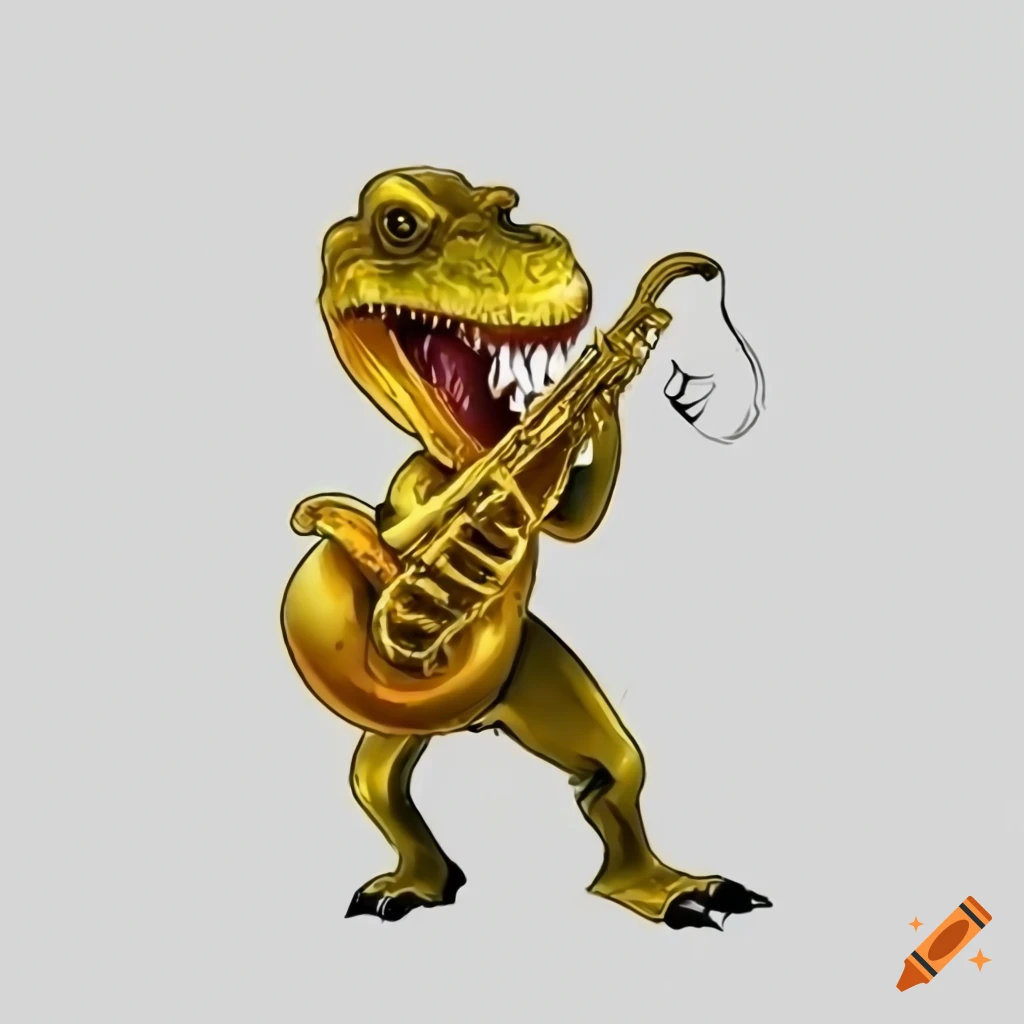 Cartoon musician Tyrannosaurus Rex playing saxophone on Craiyon