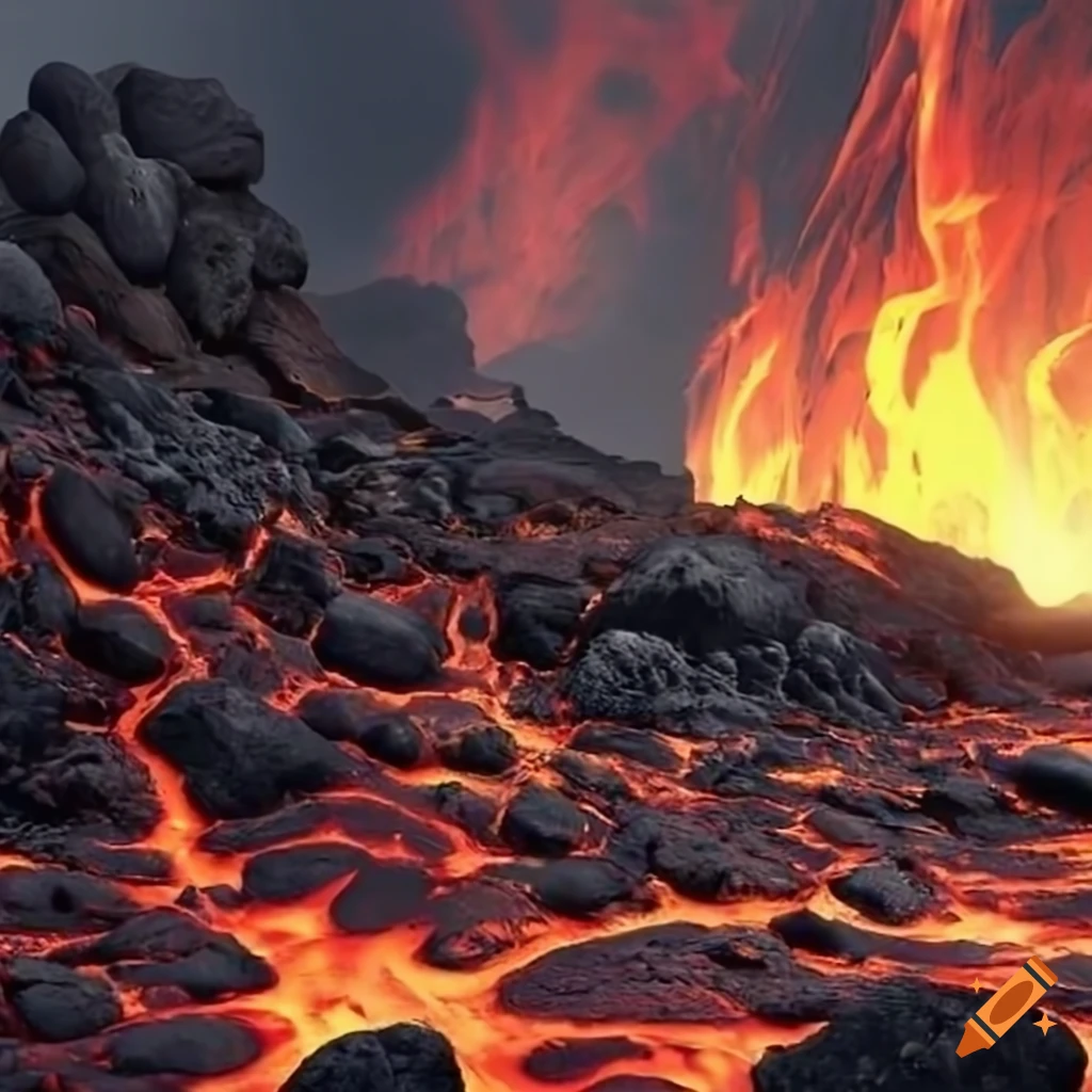 Corrupted landscape with rusty rocks, black basalt deposits, and lava ...
