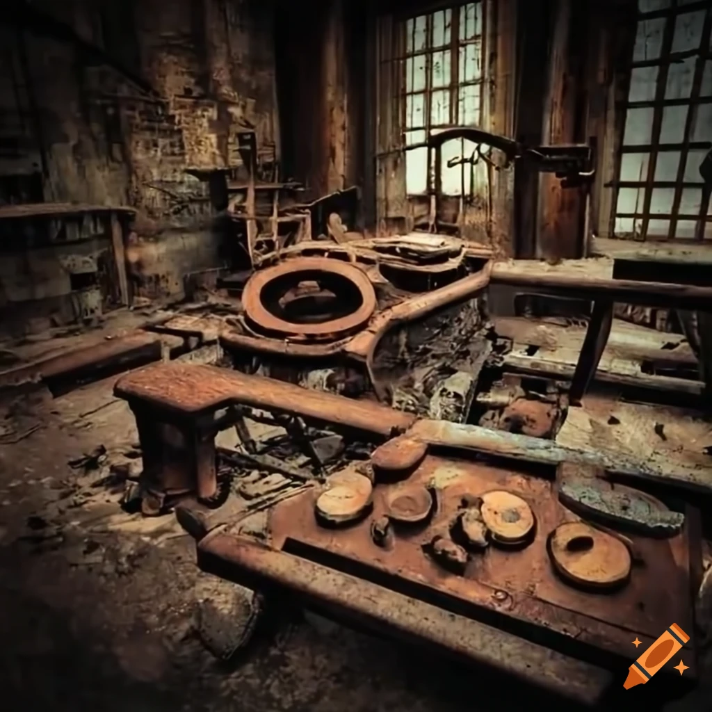 Derelict steampunk factory with rusted machinery and benches from high ...