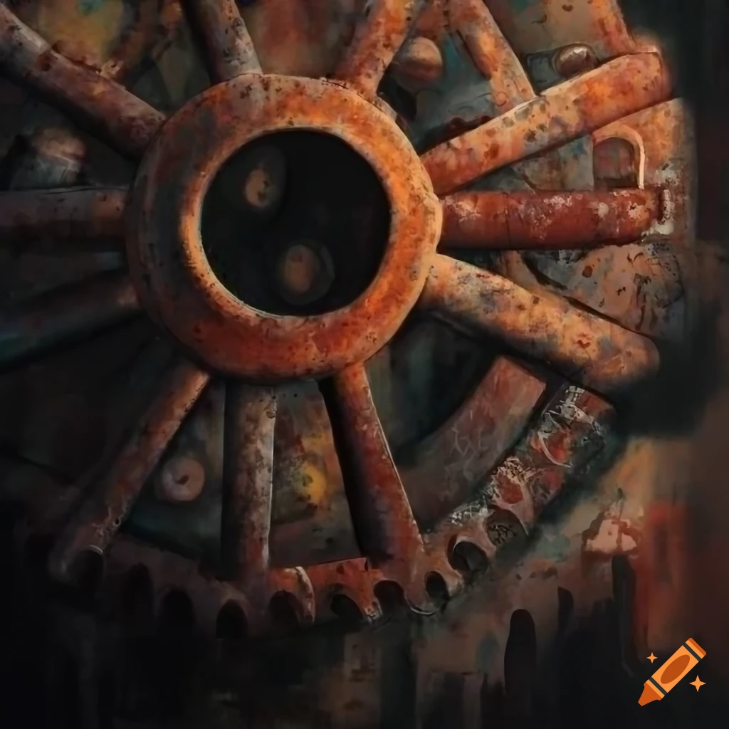 Abstract patchwork painting of rusty iron pipes, cogs, and steam in ...