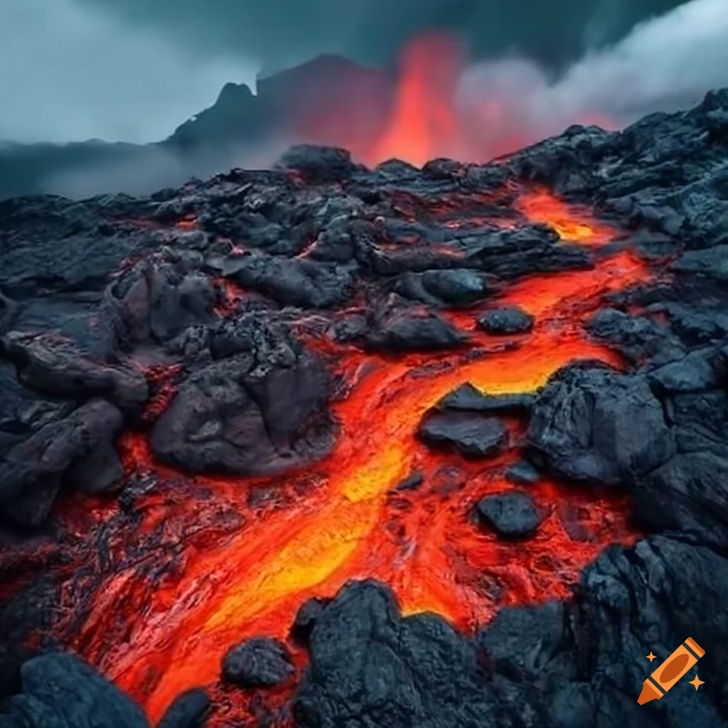 Corrupted landscape with rusty rocks, black basalt deposits, and lava ...