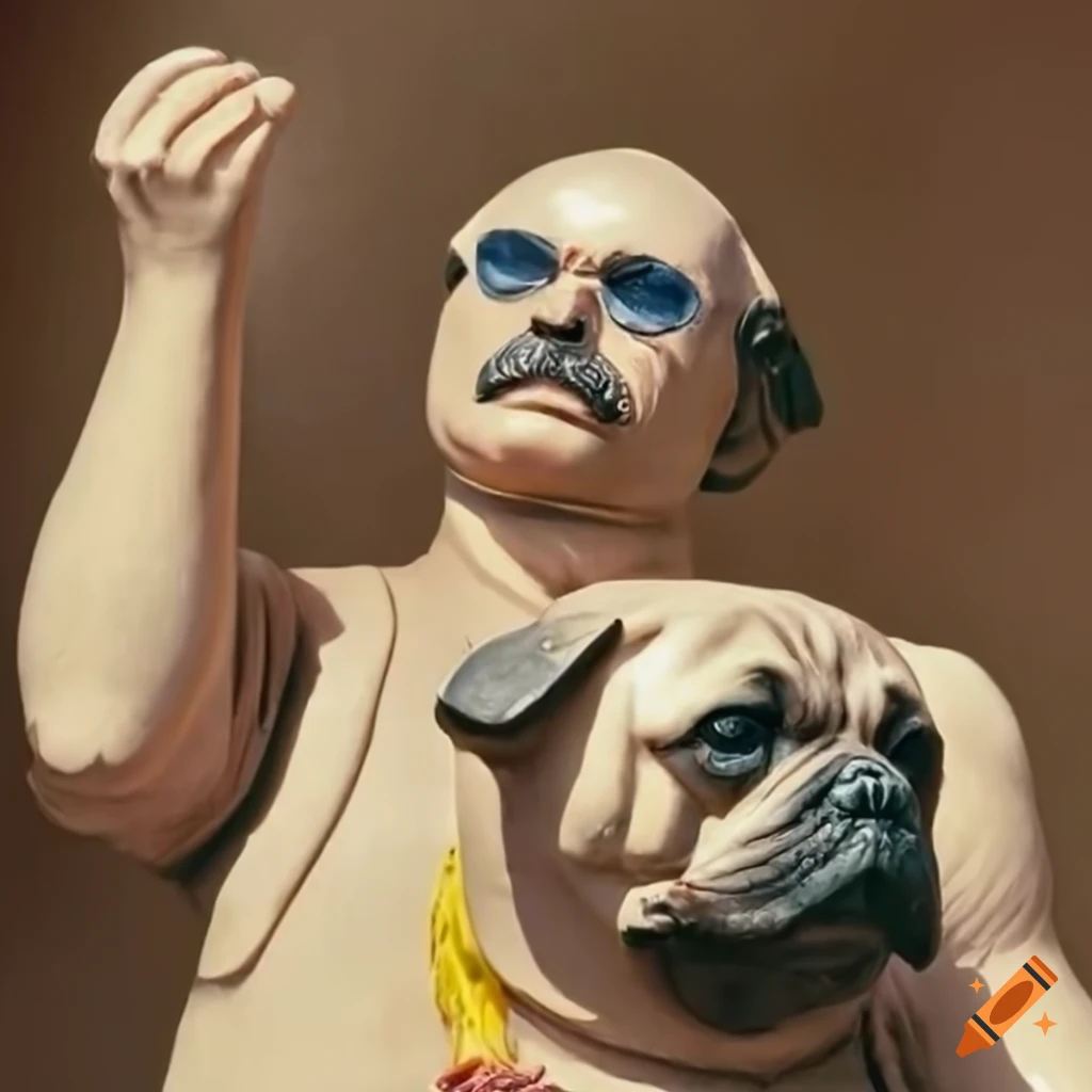 Man with pug-like features riding a chicken in a 1970s photo film style ...