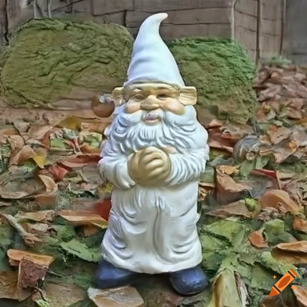Garden gnome in a pointy white hood in a European setting on Craiyon