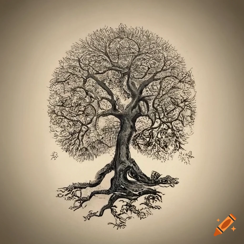 Antique style etching of a mystical tree of life on Craiyon