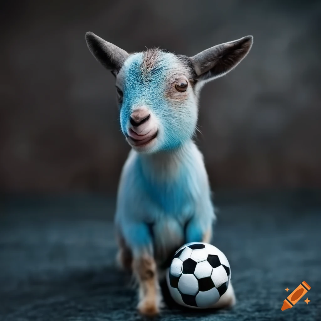 Smiling blue dwarf goat athlete with crossed arms and a soccer ball on ...