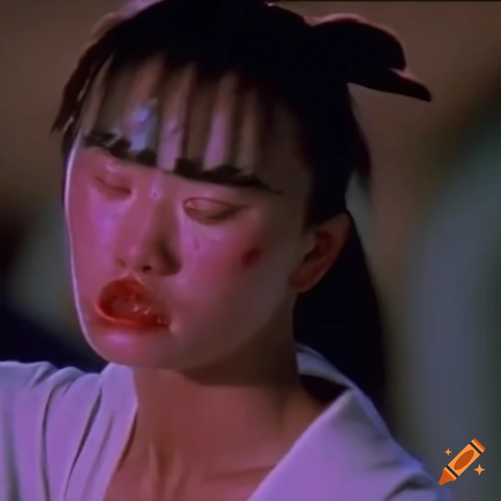 Defeated Chinese female martial artist with expressive face showing ...