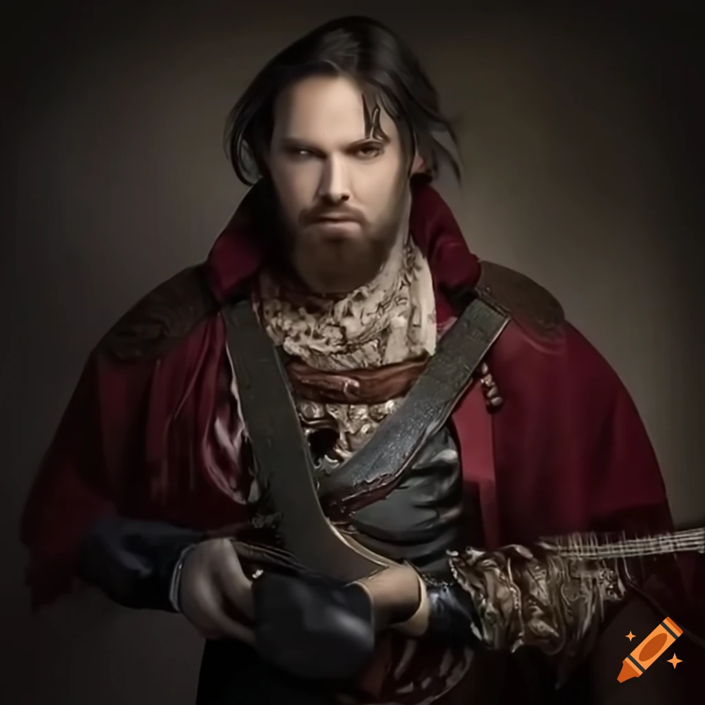 Human bard with lute in a realistic Dungeons & Dragons scene on Craiyon