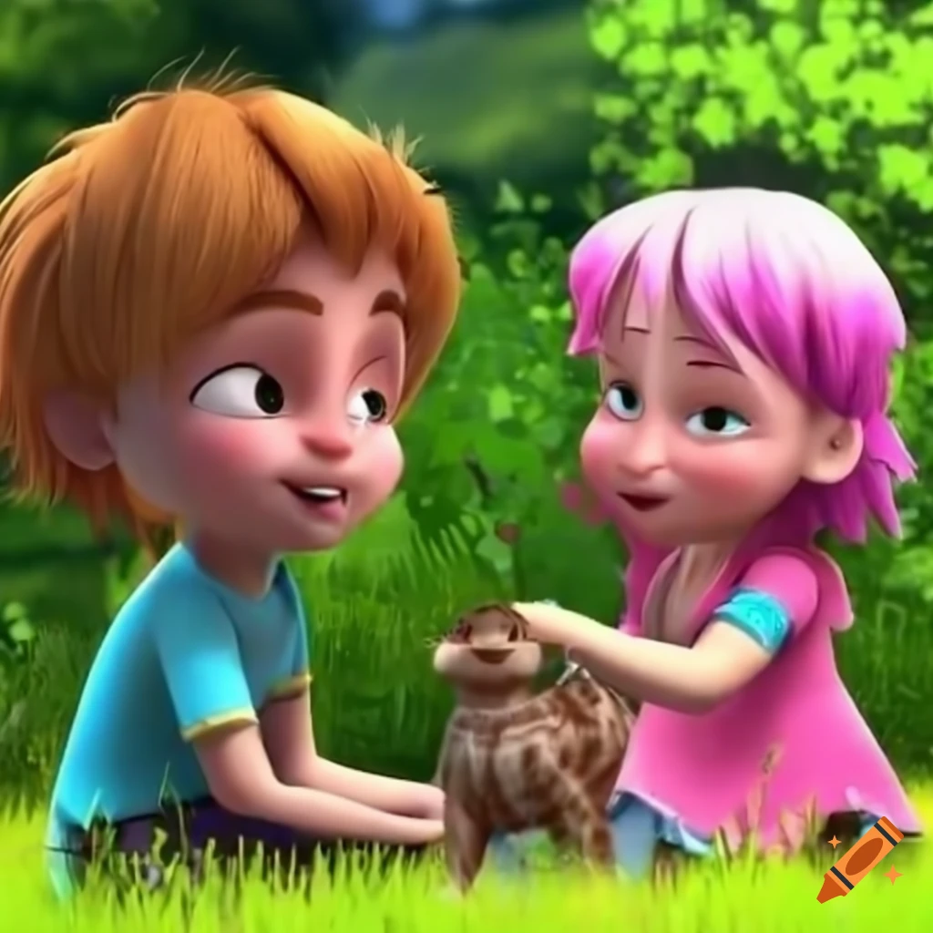 Brother and sister searching for their missing cat in a spring garden ...