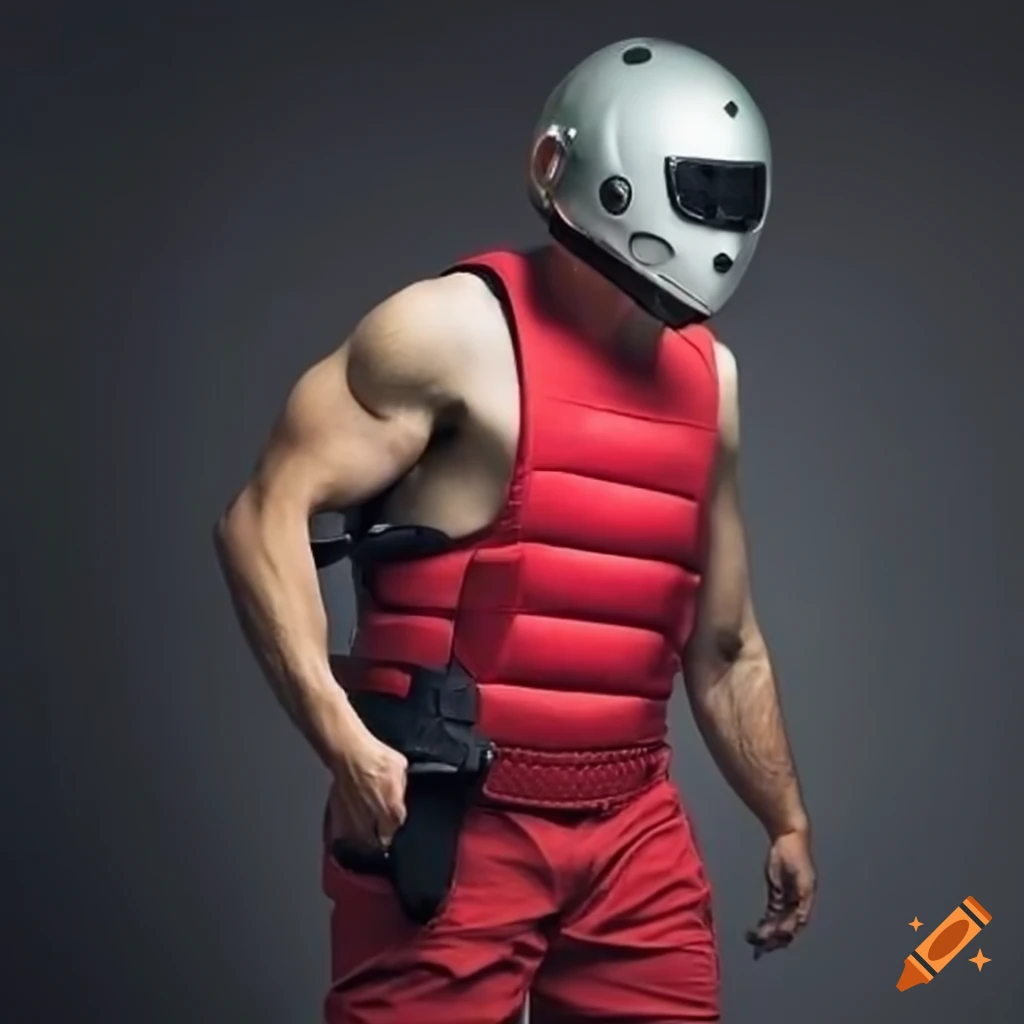 Muscular man in racing helmet and sleeveless body armor on Craiyon