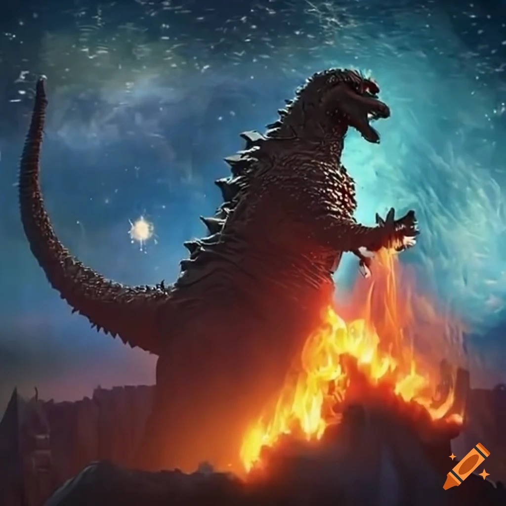 Godzilla breathing flames in the night sky on Craiyon