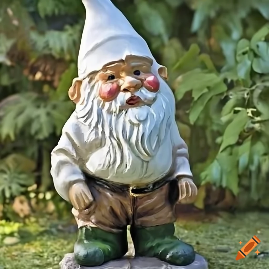 Garden gnome in a pointy white hood in a European setting on Craiyon