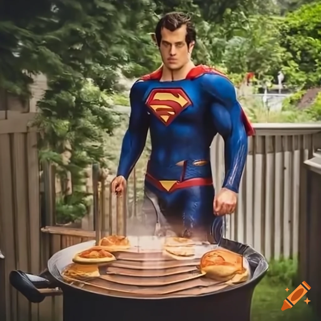 Henry Cavill cooking burgers in Superman suit at BBQ on Craiyon