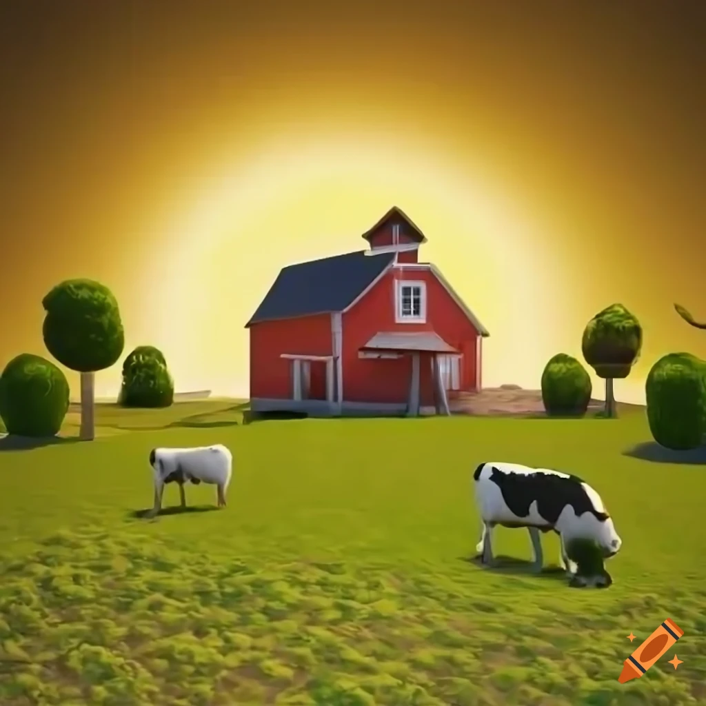 3D animation of a farm with bitcoin sun, farm animals, and money-shaped ...
