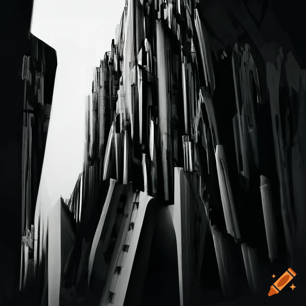 Futuristic architectural drawing with intricate metal structures and ...