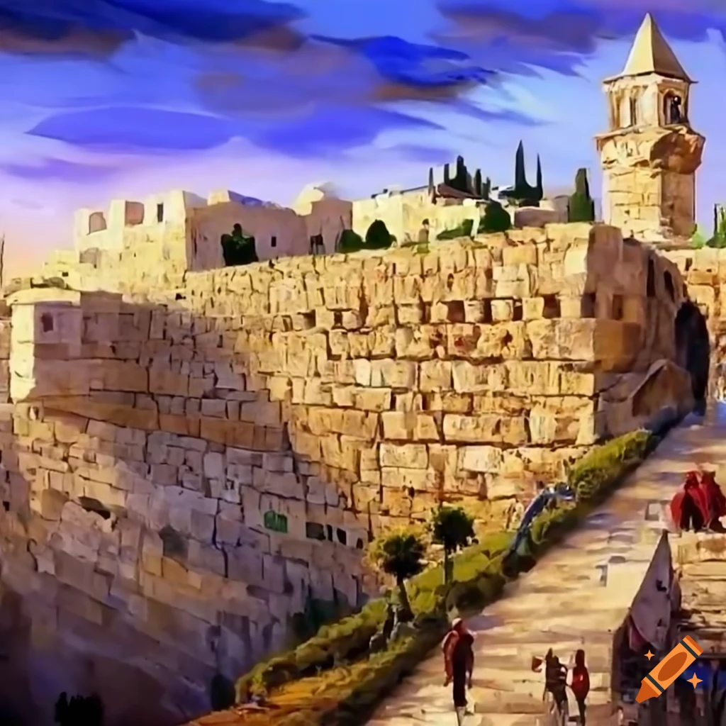 Jerusalem's restored ancient stone city walls on Craiyon