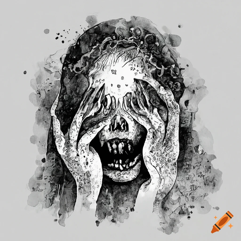 Intricate black and white ink drawing of a terrified ghost with extreme ...