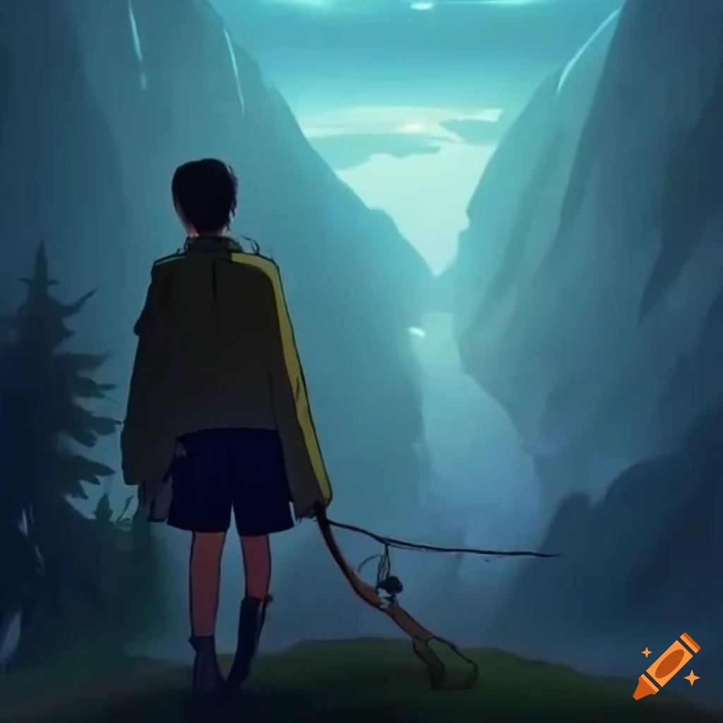 Man with an empty leash on a rainy hill gazing into the distance on Craiyon