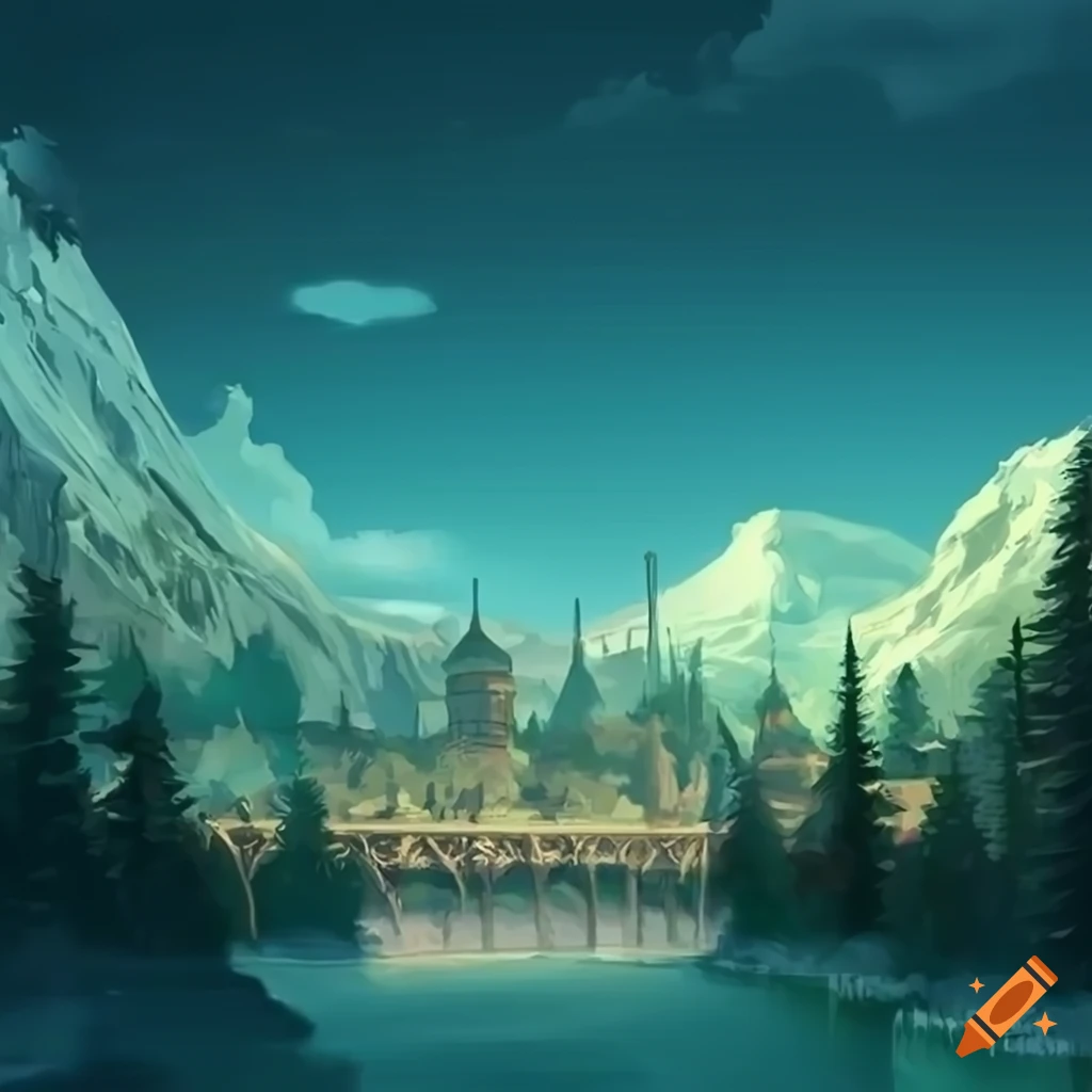 Medieval fantasy anime kingdom with bridges over river and snow-capped ...