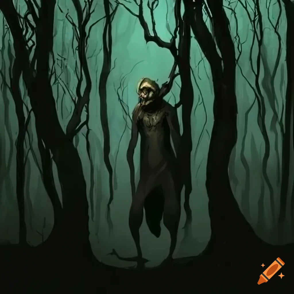 Monster running through a dark forest with despair in his face on Craiyon