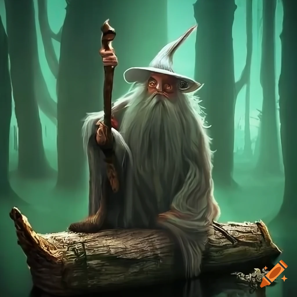 Bearded wizard in mysterious forest with glowing walking stick on Craiyon